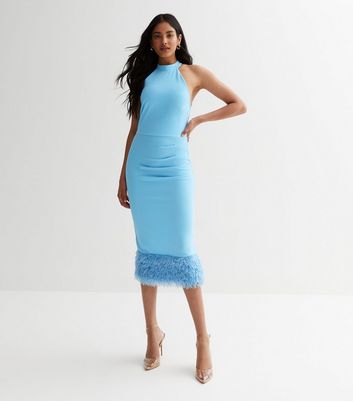 Pale Blue Fluffy Trim Halter Midi Dress | New Look