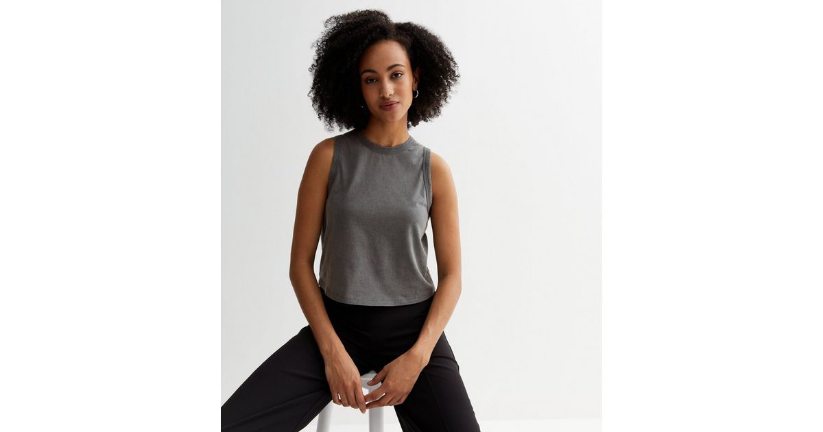 Tall Dark Grey Acid Wash Cut Off Vest Top | New Look