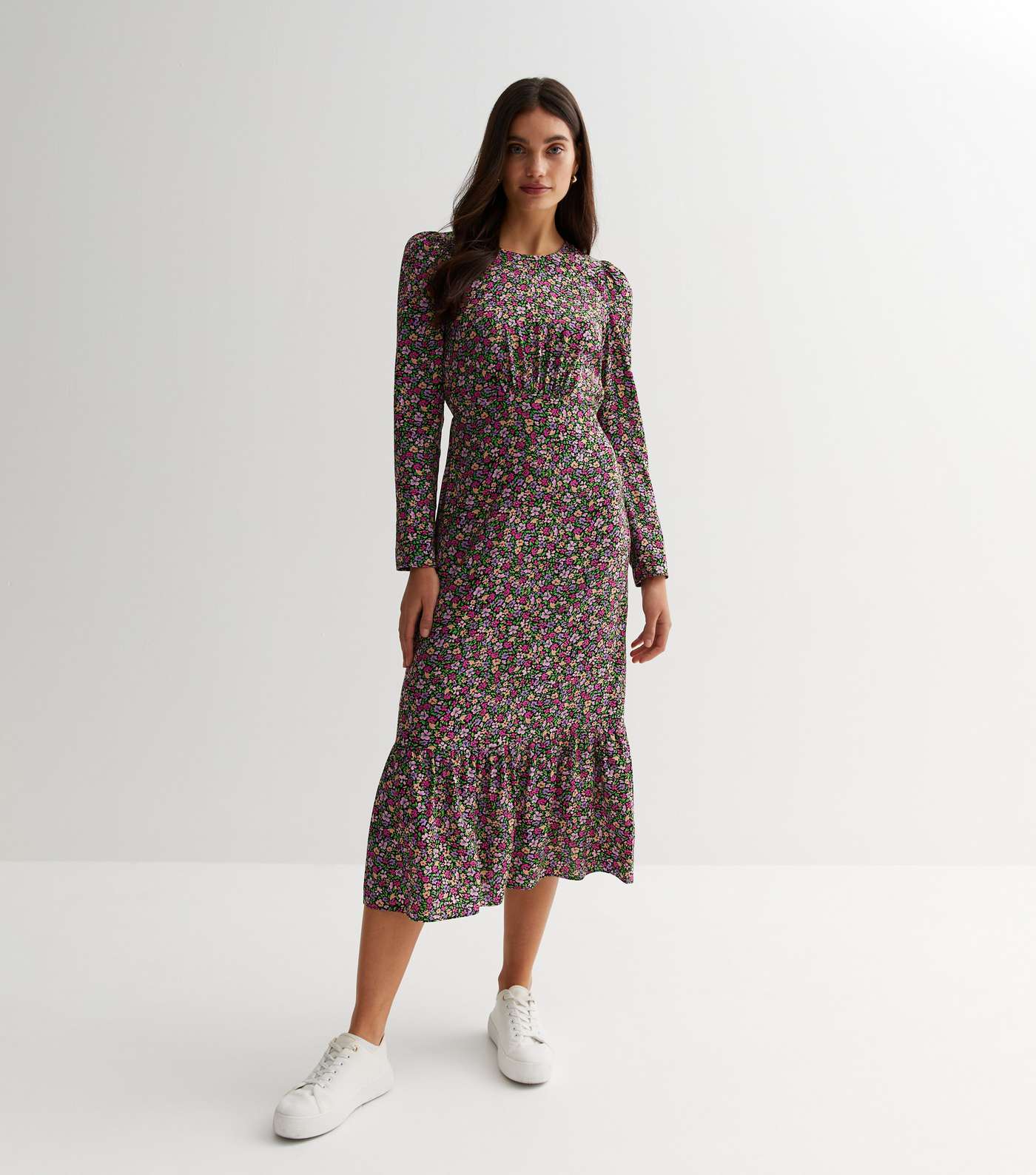 Pink Ditsy Floral Ruched Tiered Midi Dress New Look