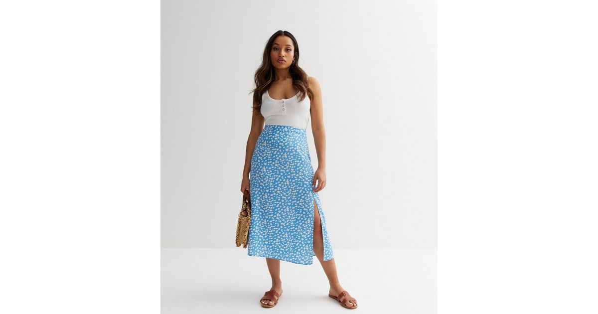 Petite Blue Spot Split Hem Midi Skirt | New Look