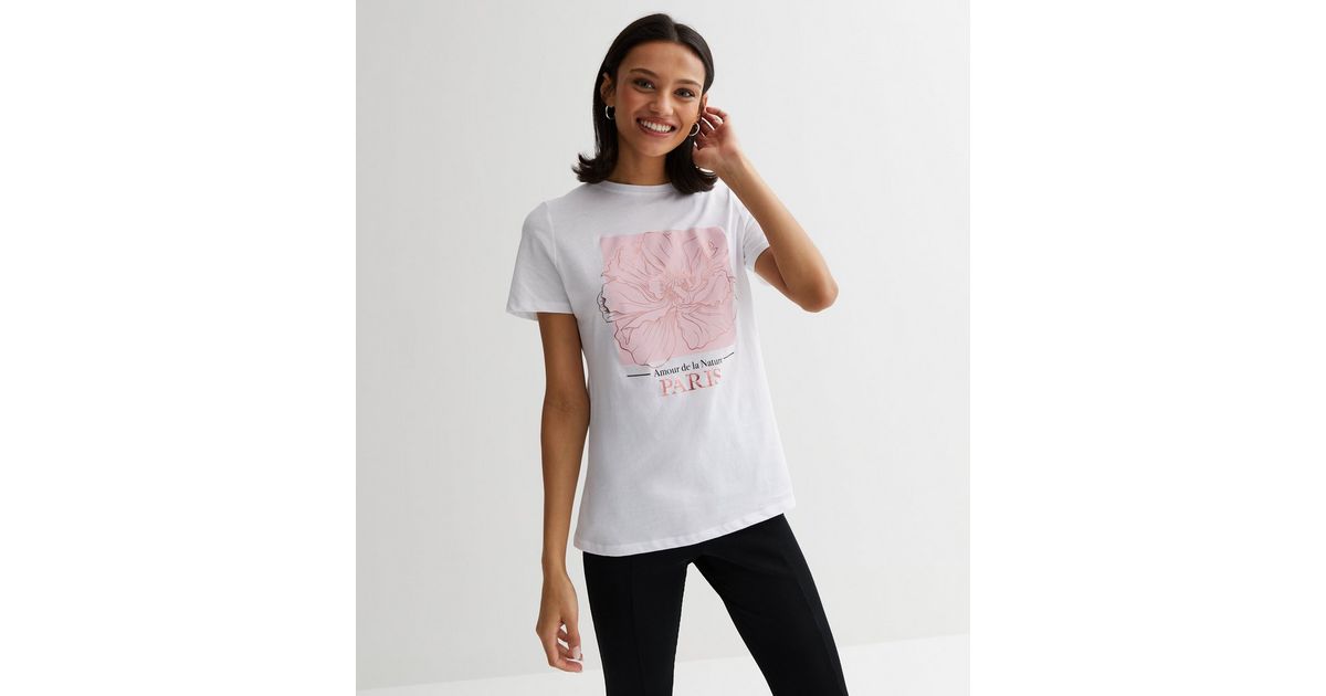 White Metallic Flower Paris Logo T-Shirt | New Look