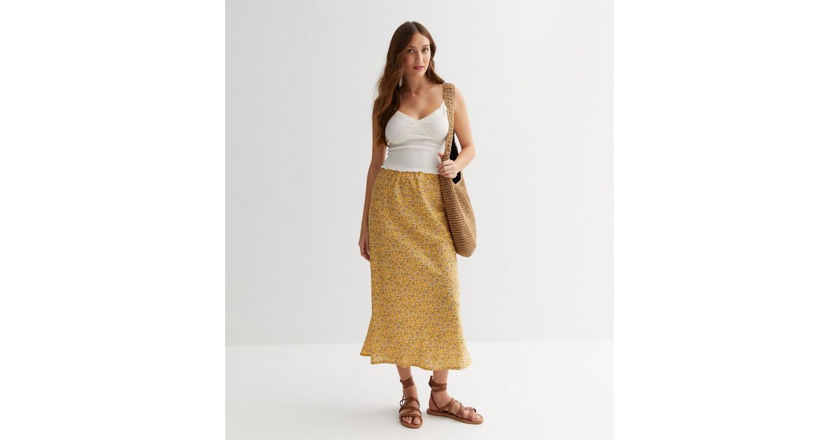 Influence Yellow Ditsy Floral Midi Skirt | New Look