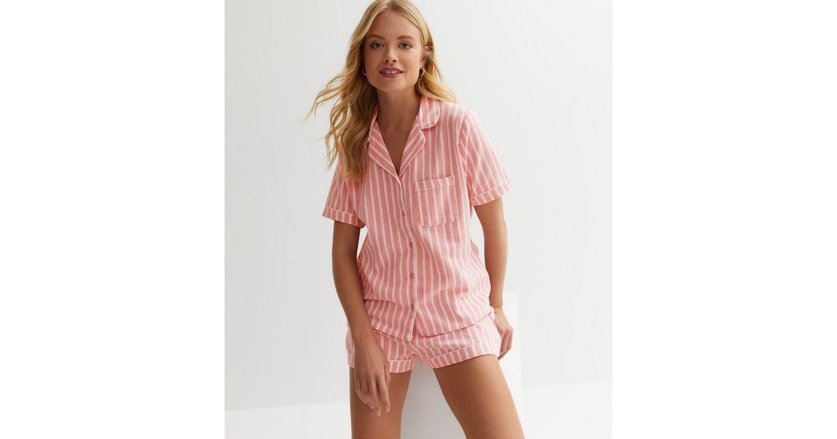 Pink Cotton Revere Short Pyjama Set with Stripe Print | New Look