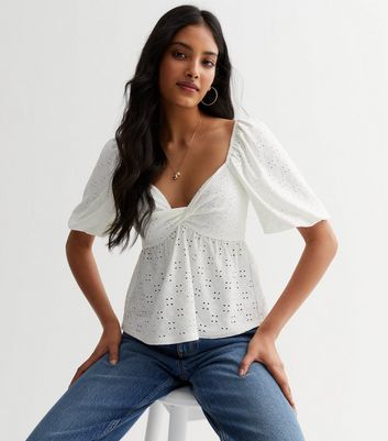 White Embroidered Twist Front Top | New Look