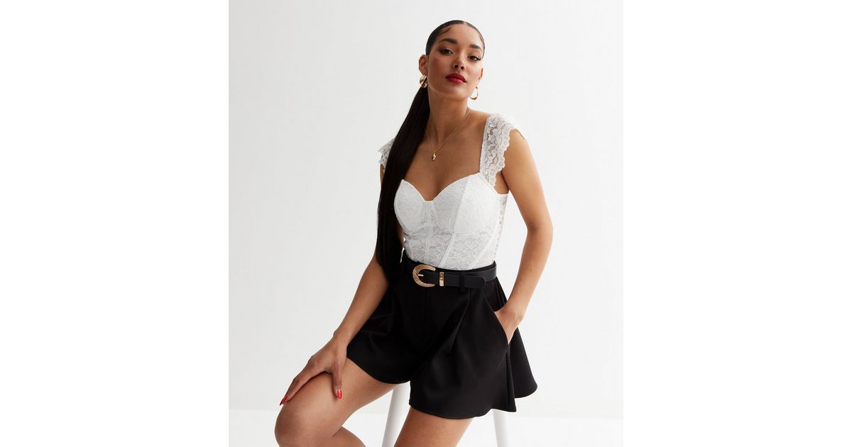 White Lace Frill Sleeve Bustier Bodysuit | New Look