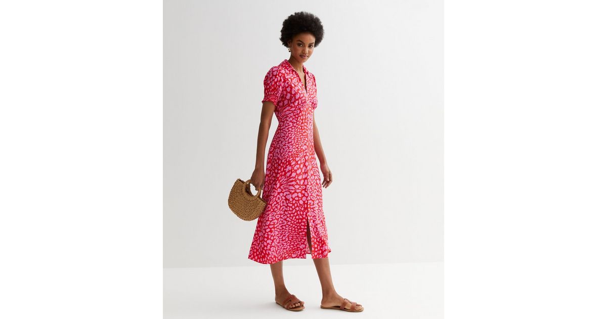 Red Leopard Print Collared Midi Dress | New Look