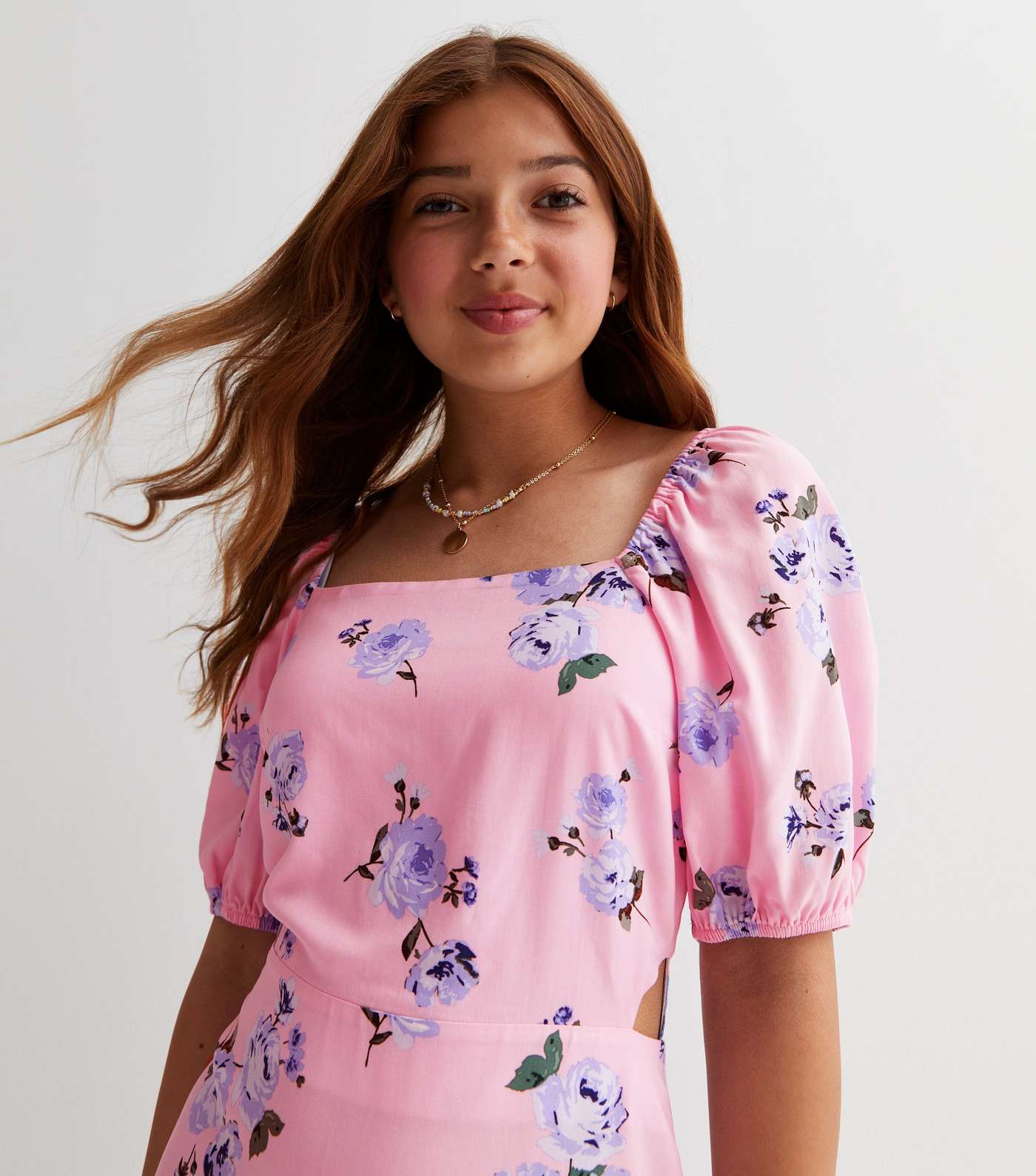 Girls Pink Rose Puff Sleeve Dress New Look