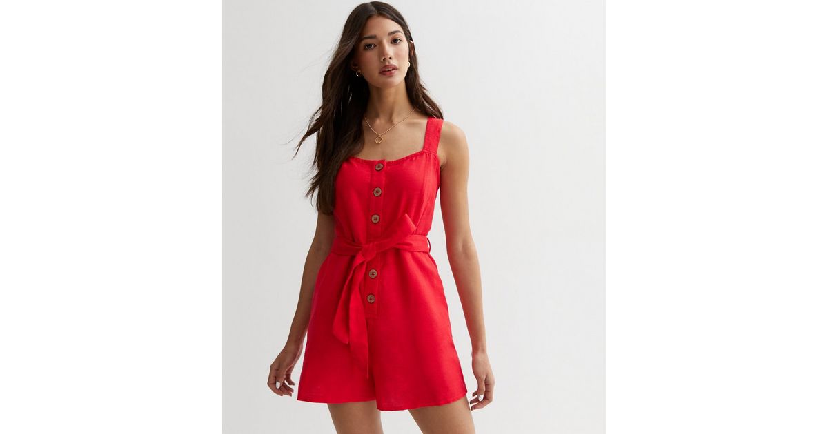 Red Cotton Button Front Playsuit | New Look