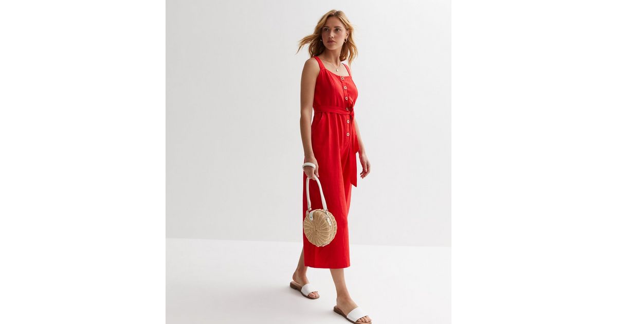 Red Cotton Button Front Jumpsuit | New Look