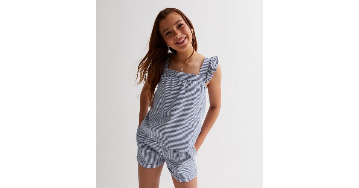 KIDS ONLY Girls Blue Stripe Ruffle Strap Top | New Look