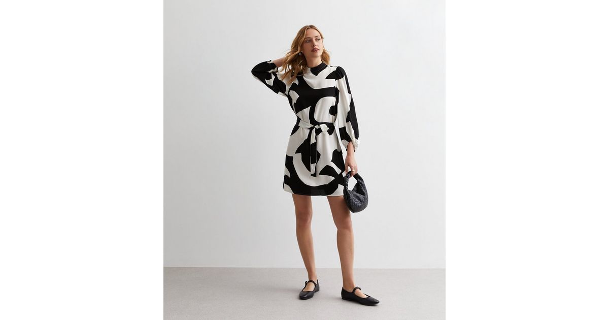Black Swirl High Neck Belted Mini Dress New Look