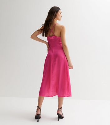 Influence Deep Pink Satin Ruched Tie Front Midi Dress | New Look