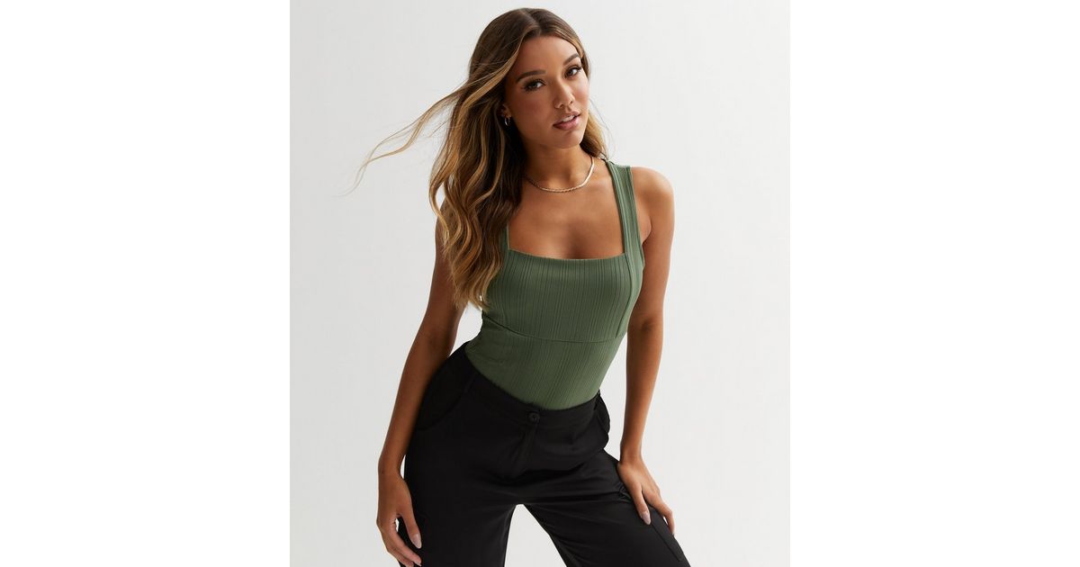 Khaki Ribbed Square Neck Bodysuit | New Look