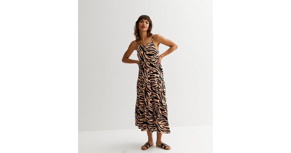 Brown Zebra Print Strappy Tiered Midi Dress | New Look