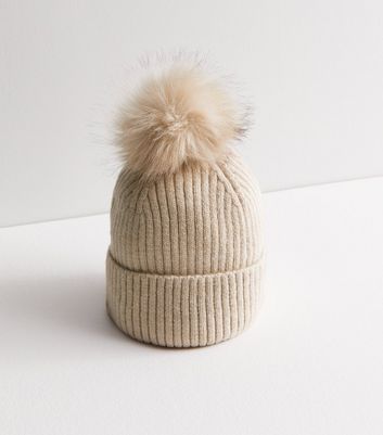 Girls Cream Ribbed Pom Pom Bobble Hat | New Look
