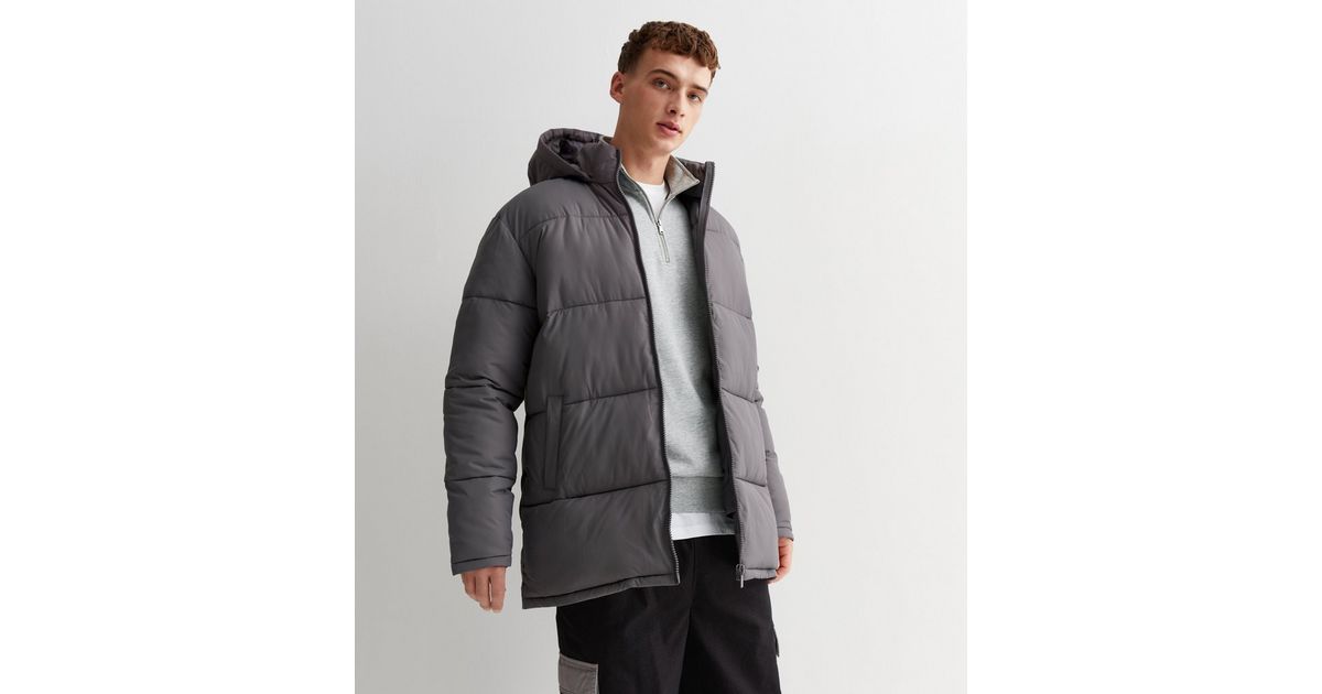 Dark Grey Hooded Puffer Jacket | New Look