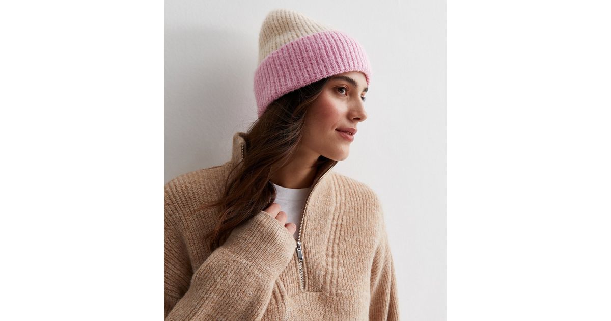 Pink Contrast Ribbed Knit Beanie | New Look