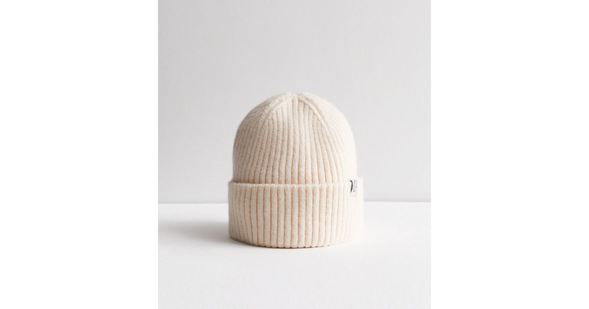 Girls Cream Ribbed Knit Tab Front Beanie | New Look