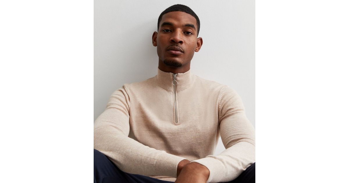 Cream Fine Knit Zip Neck Slim Fit Jumper | New Look