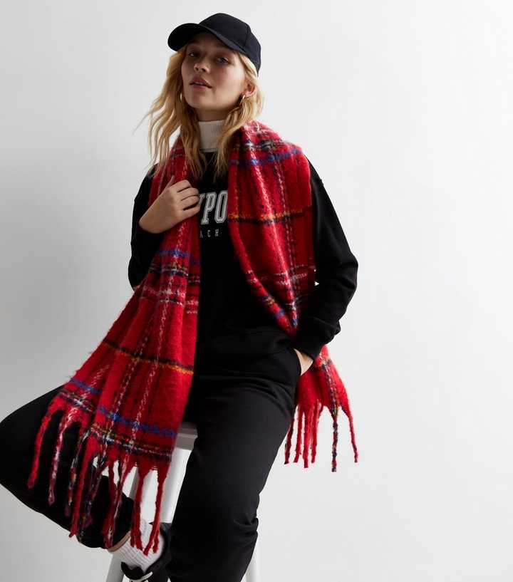 Red Check Brushed Tassel Scarf | New Look