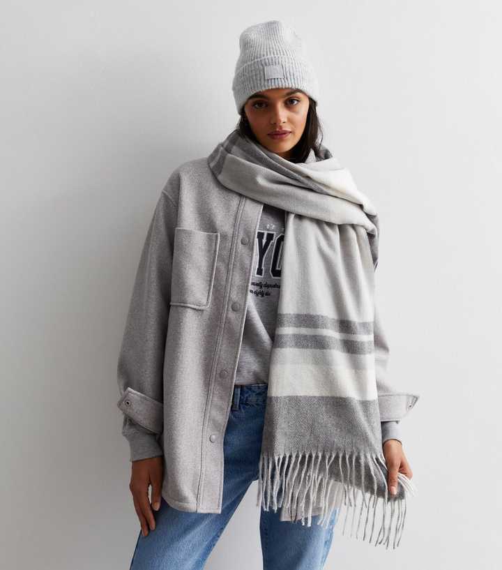 Light Grey Check Print Tassel Scarf | New Look