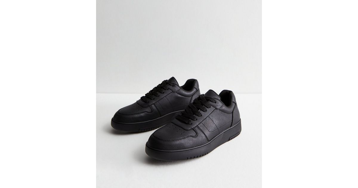 Black Leather-Look Lace Up Trainers | New Look