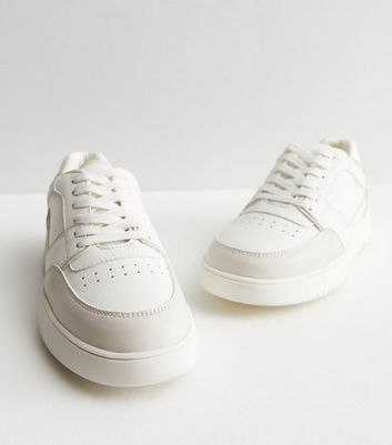 White Leather-Look Colour Block Lace Up Trainers | New Look