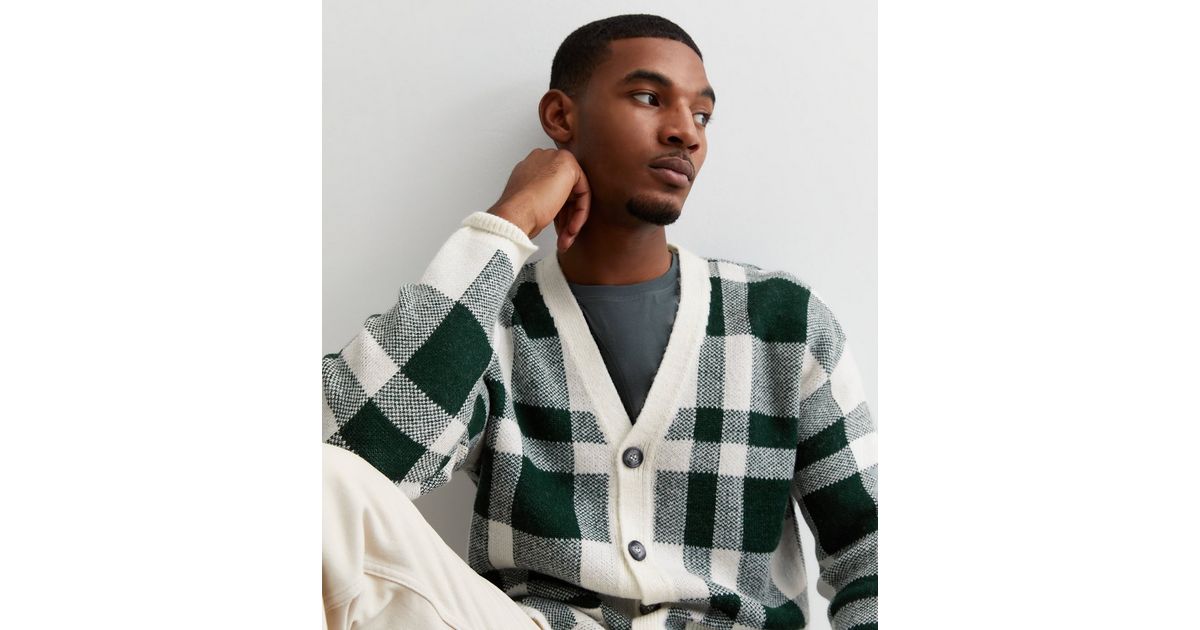 Dark Green Large Check Knit Oversized Cardigan | New Look