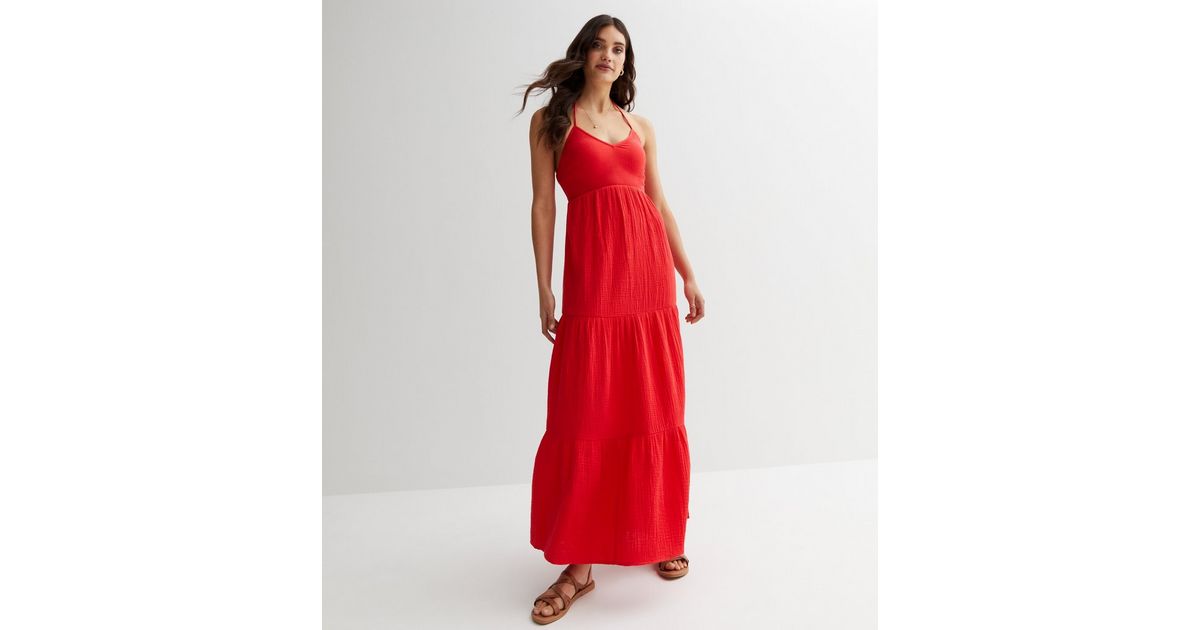 Red Cotton Strappy Halter Maxi Dress | New Look