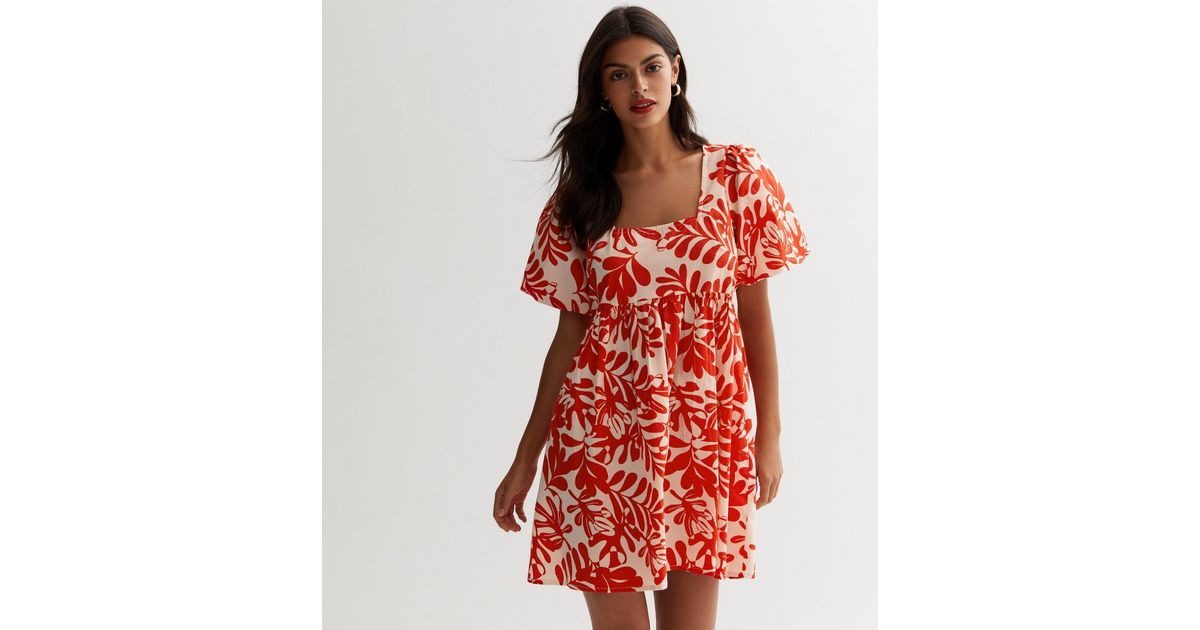 Red Leaf Print Cotton Puff Sleeve Mini Dress | New Look