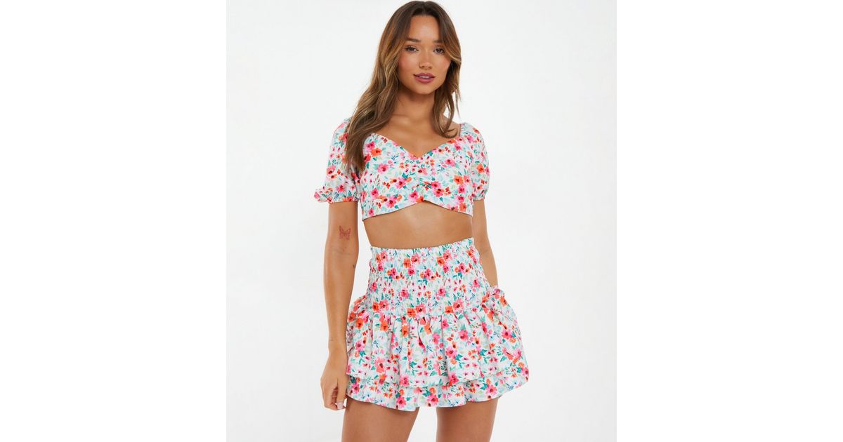 Quiz Multicoloured Ditsy Floral Ruffle Mini Skirt New Look