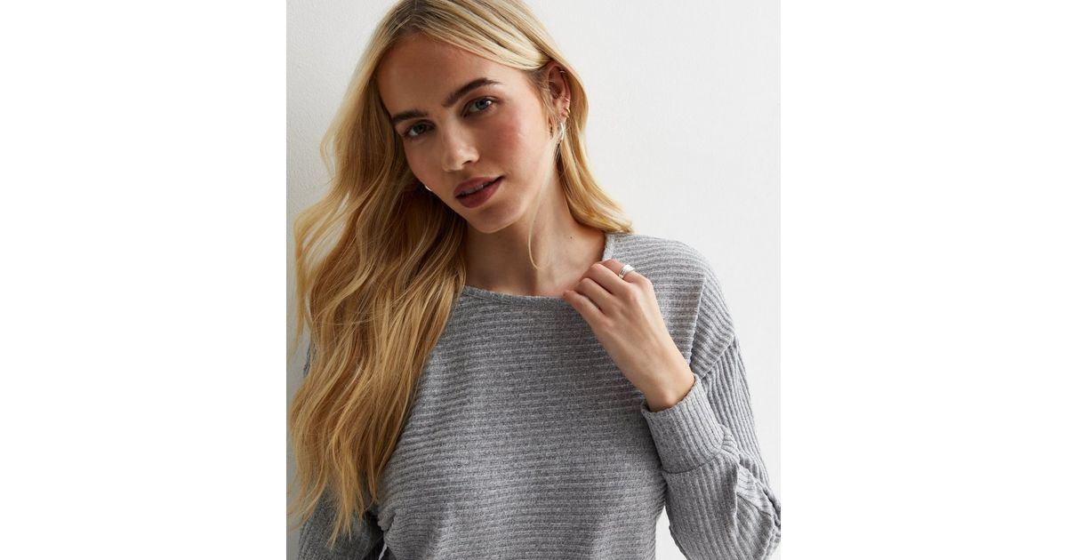 Pale Grey Ribbed Knit Batwing Top | New Look