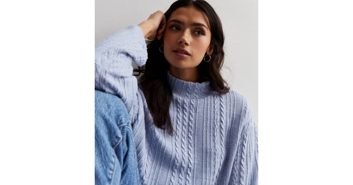 Blue Cable Knit High Neck Boxy Jumper | New Look