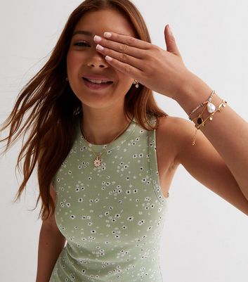 Girls Green Ribbed Ditsy Floral Racer Dress | New Look