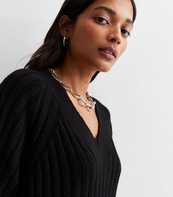 Black Ribbed Knit Split Hem Midi Dress | New Look