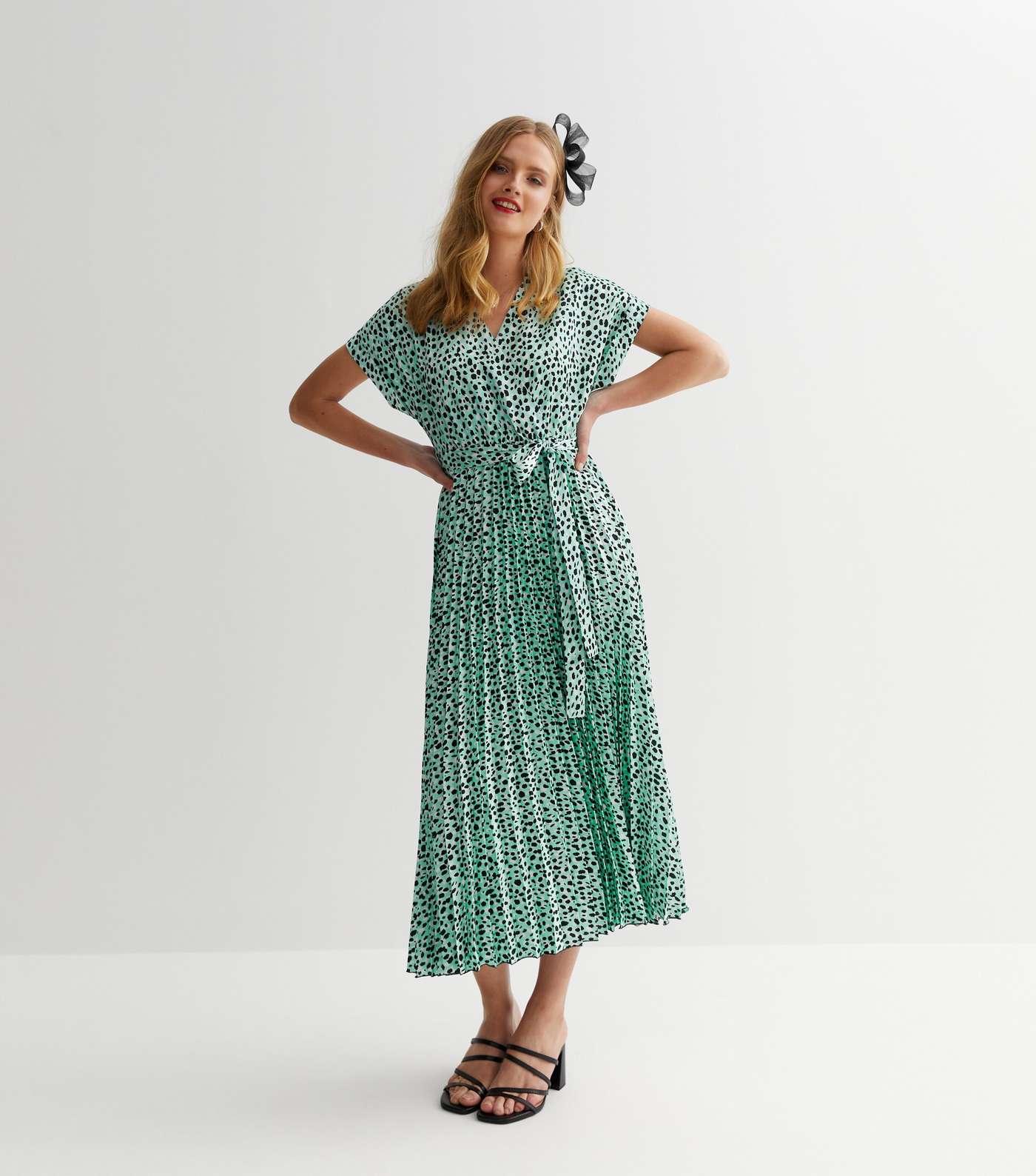 Green Leopard Print Satin Pleated Midi Wrap Dress New Look