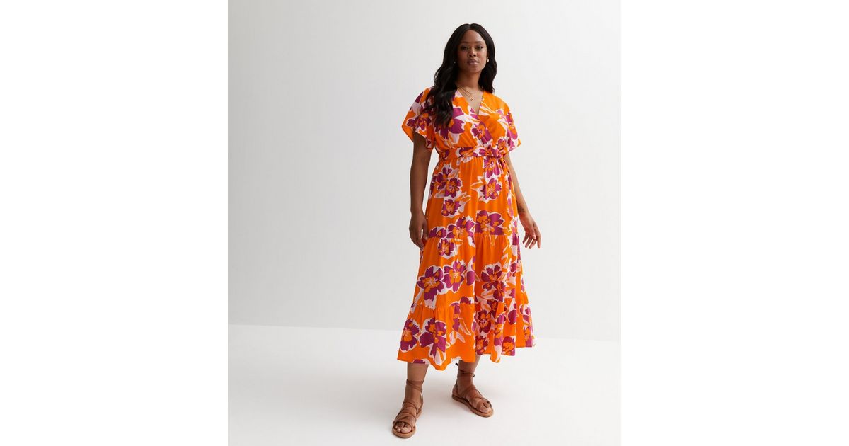 Curves Orange Floral Wrap Midi Dress | New Look