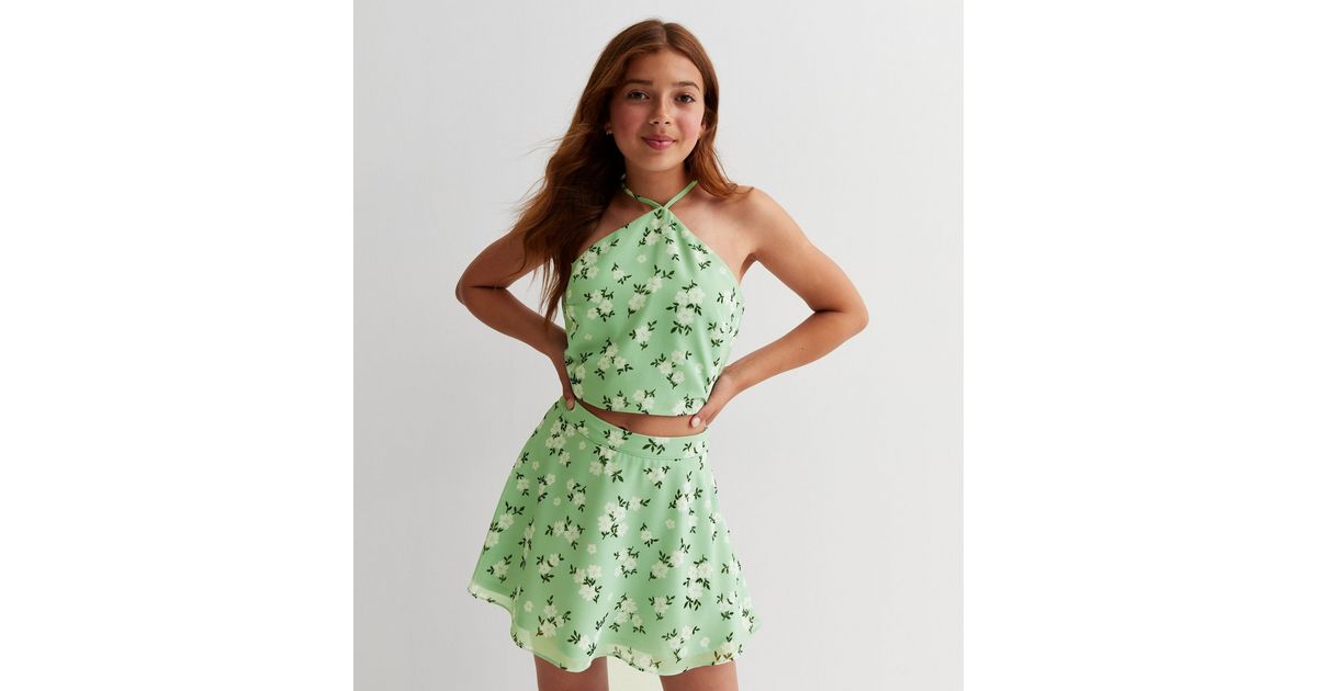 Girls Green Floral Halter Crop Top | New Look