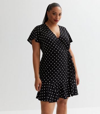 Curves Black Polka Dot Wrap Mini Dress | New Look
