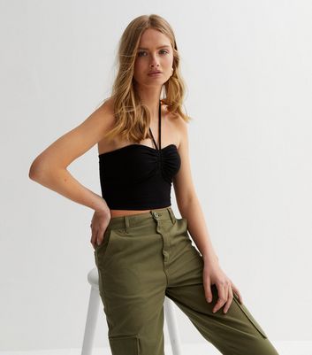 Black Jersey Ruched Front Strappy Halter Top | New Look