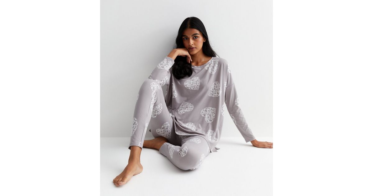 Light Grey Pyjama Set with Heart Print | New Look