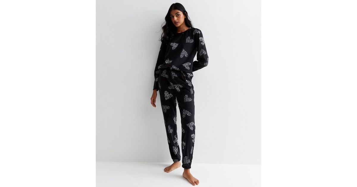 Black Pyjama Set with Animal Print Heart Pattern | New Look