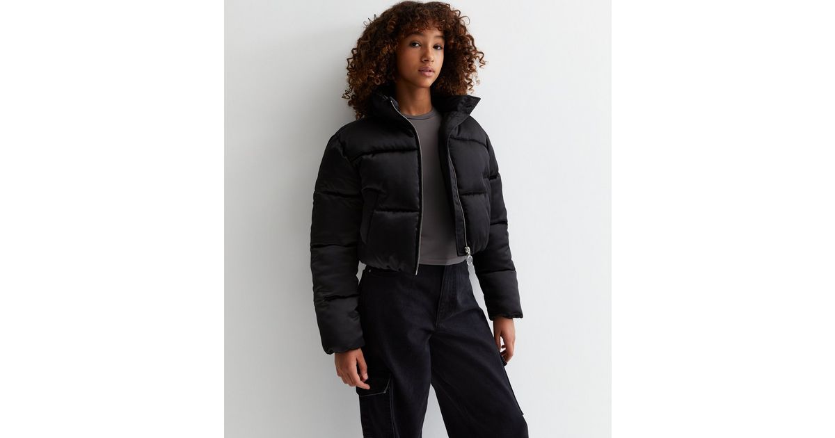 Girls Black Satin Zip Up Puffer Jacket | New Look