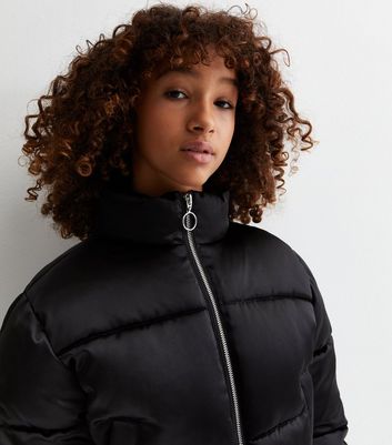 Girls Black Satin Zip Up Puffer Jacket | New Look