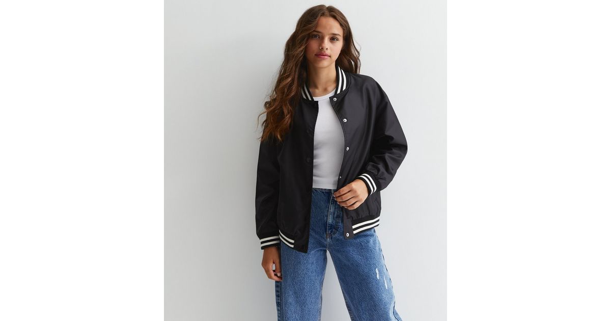Girls Black Shine Bomber Jacket | New Look