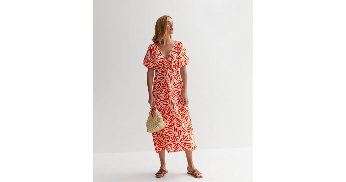 Orange Bamboo Leaf Textured Midaxi Dress | New Look