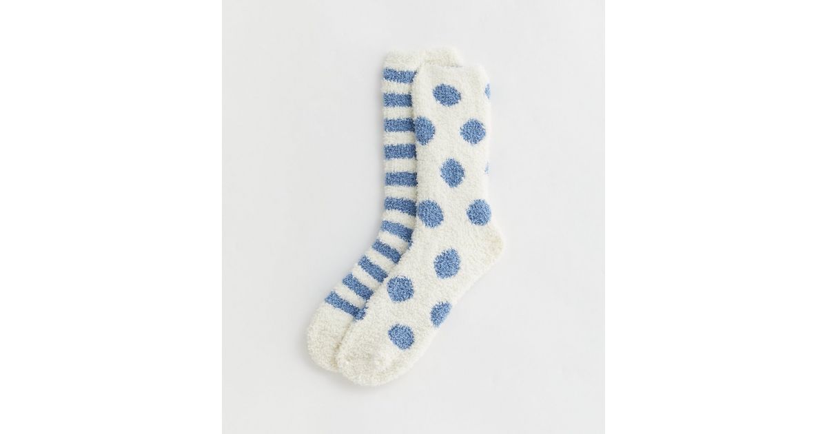2 Pack Blue Spot and Stripe Fluffy Socks | New Look