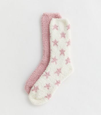 2 Pack Pink and Cream Star Fluffy Socks | New Look