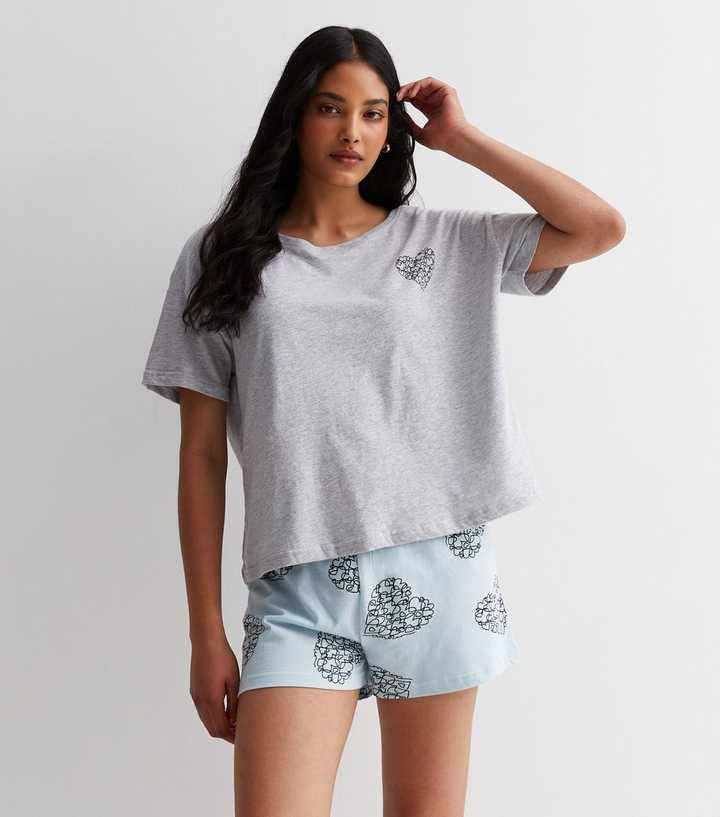 Light Grey Cotton Short Pyjama Set with Scribble Heart Print | New Look