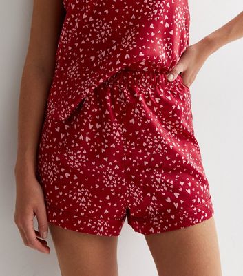 Red Satin Short Pyjama Set with Heart Print | New Look
